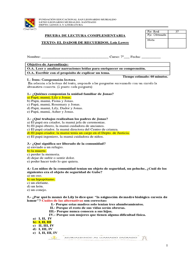 Prueba de Comprensión: El Dador de Recuerdos | PDF | Lectura (proceso)