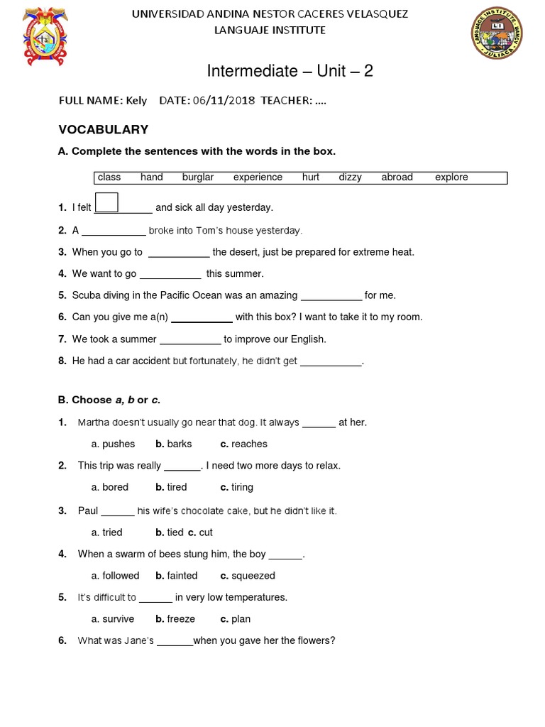 Intermediate English Unit 2 Exercises | PDF