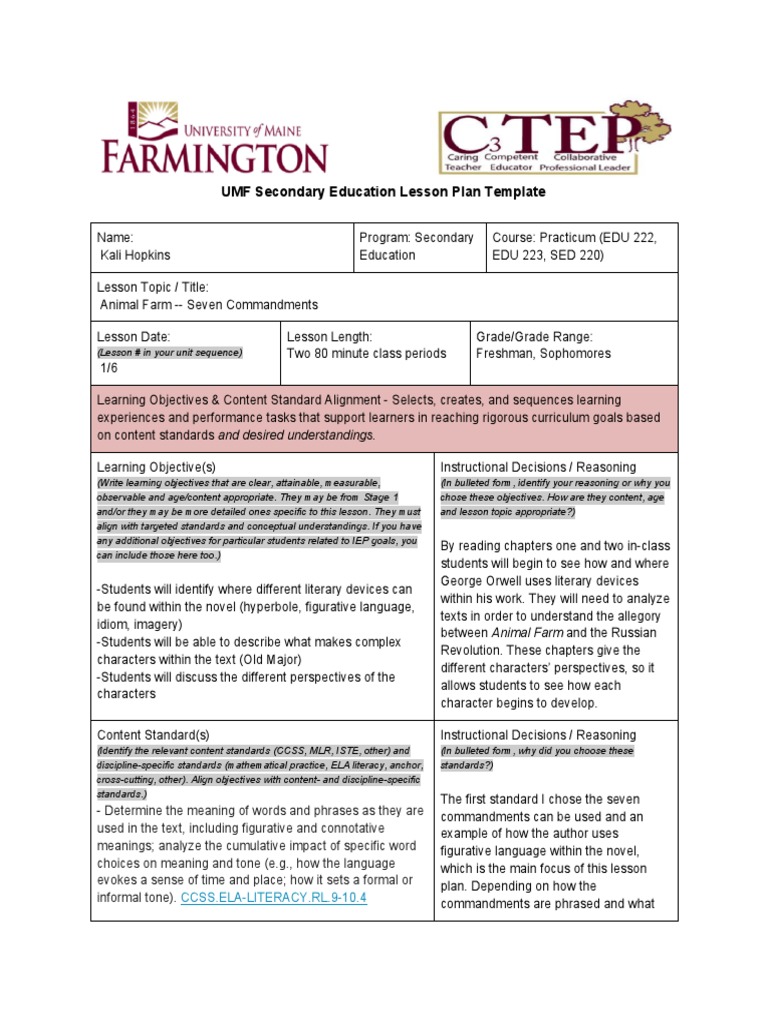 Kali Hopkins-Animal Farm-Le1 | PDF | Educational Assessment | Visual ...