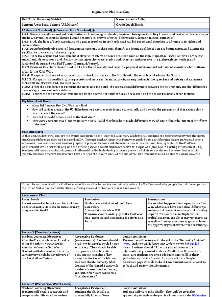 Digital Unit Plan Template 11 | PDF | American Civil War | Teachers