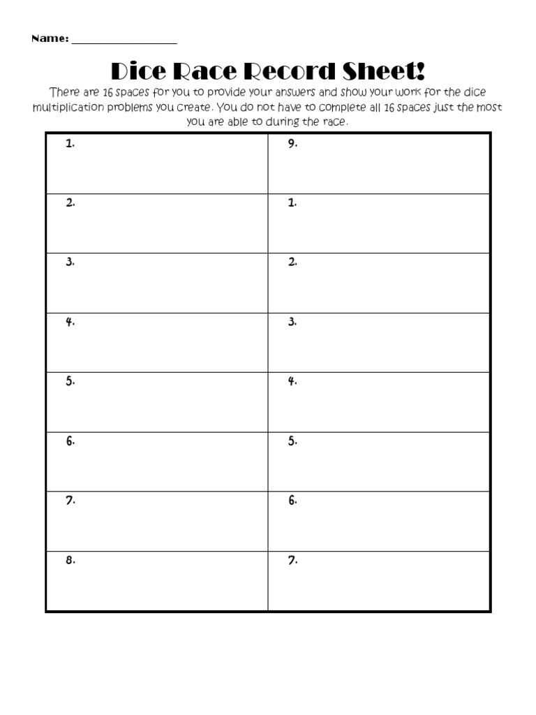 Dice Race Recording Sheet | PDF