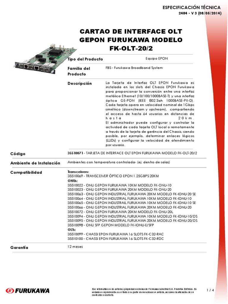 Cartao de Interface Olt Epopn Furukawa 20km Modelo Fk-Olt-20-2 | PDF | Ethernet | Byte