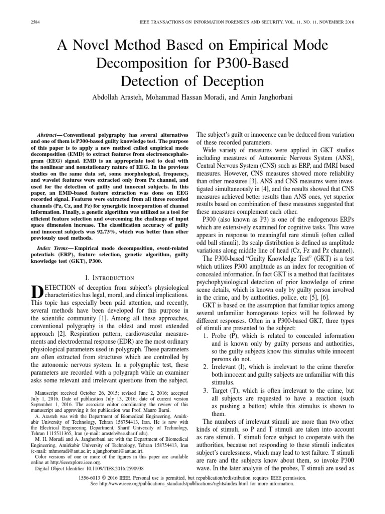 A Novel Method Based On Empirical Mode Decomposition For P300 Based Detection Of Deception Pdf