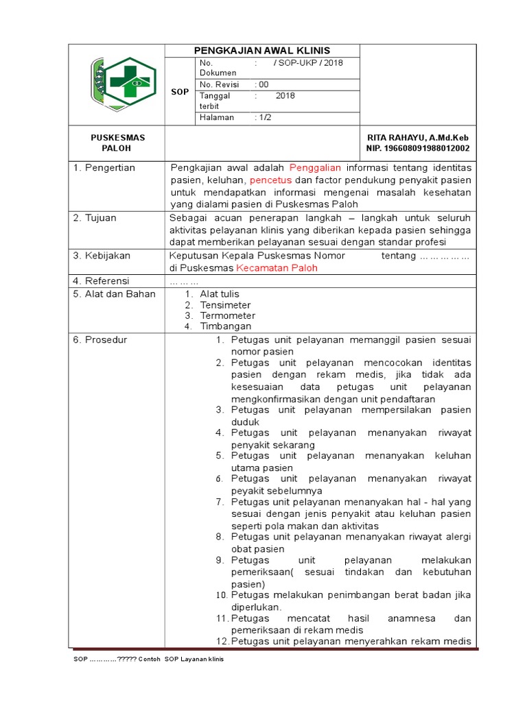 Sop Pengkajian Awal Klinis | PDF | Kesehatan Holistik | Sains & Matematika
