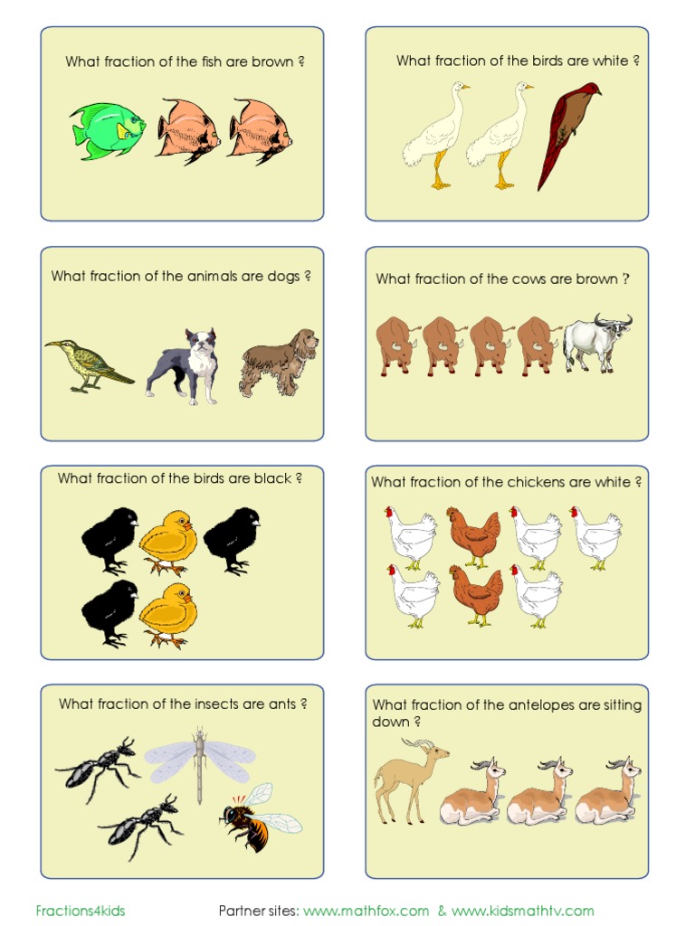 Fractions Applied To Group of Animals Flash Cards | PDF