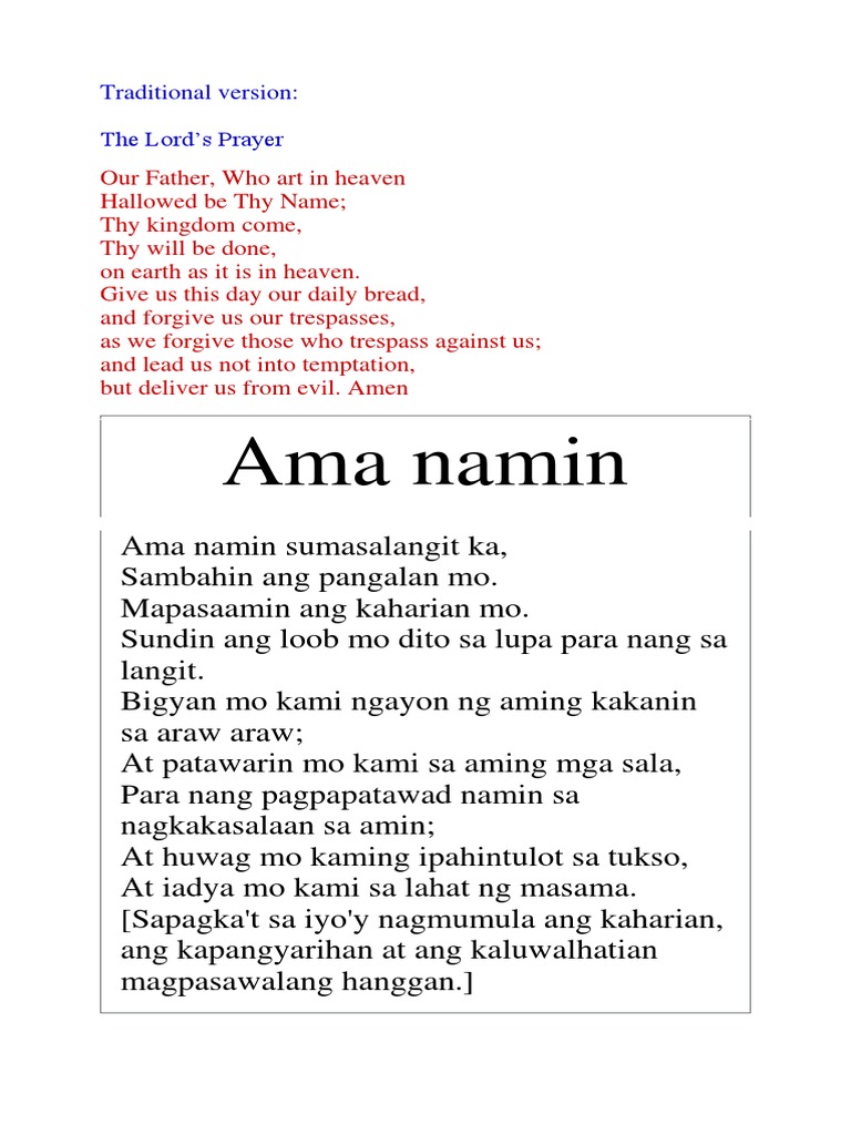 Prayersorpanalangin Our Father Ama Namin The Apostle Screed Hail Mary