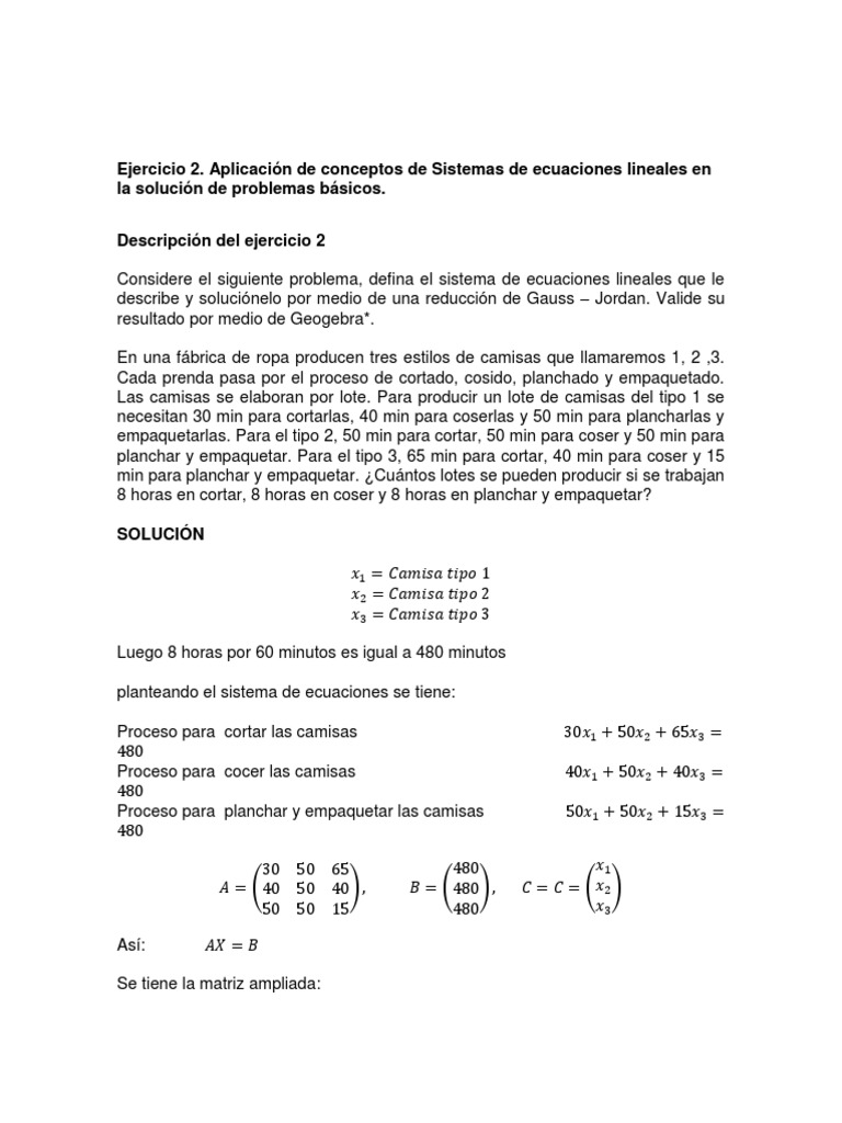 Sistemas de ecuaciones lineales y aplicación de conceptos de rectas y ...