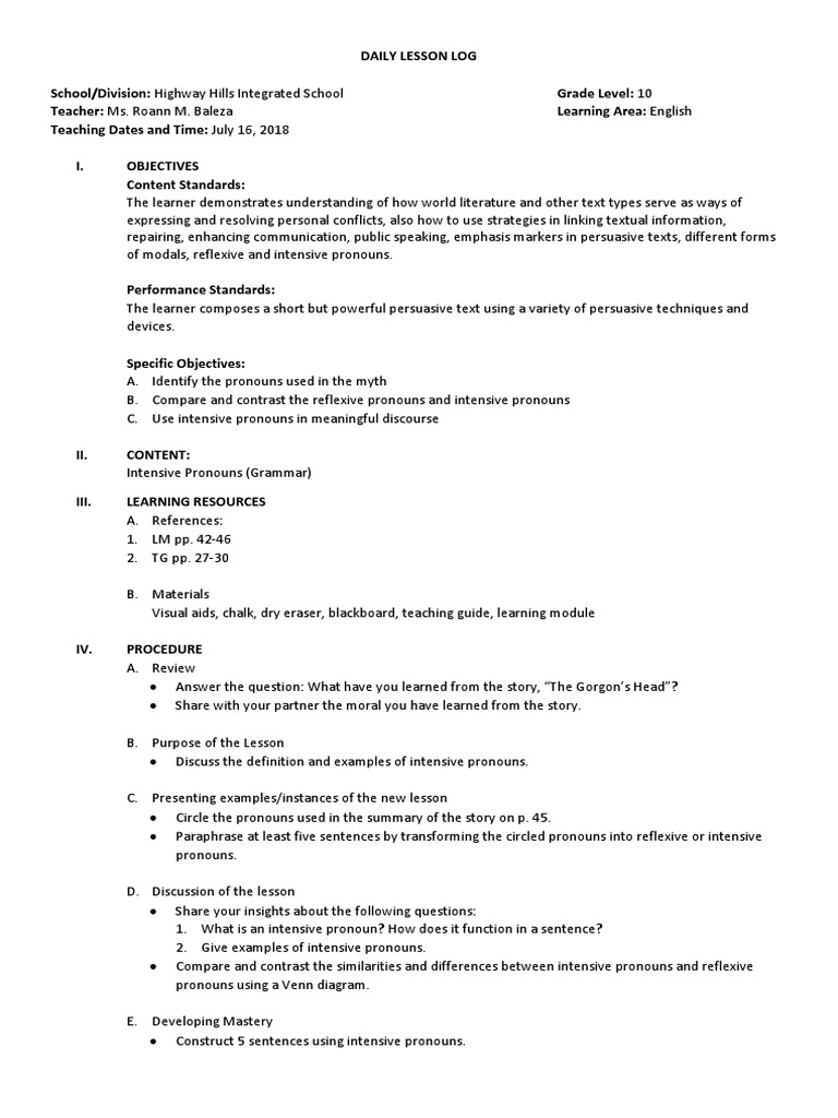 Intensive Pronoun Lesson Plan | PDF | Question | Learning