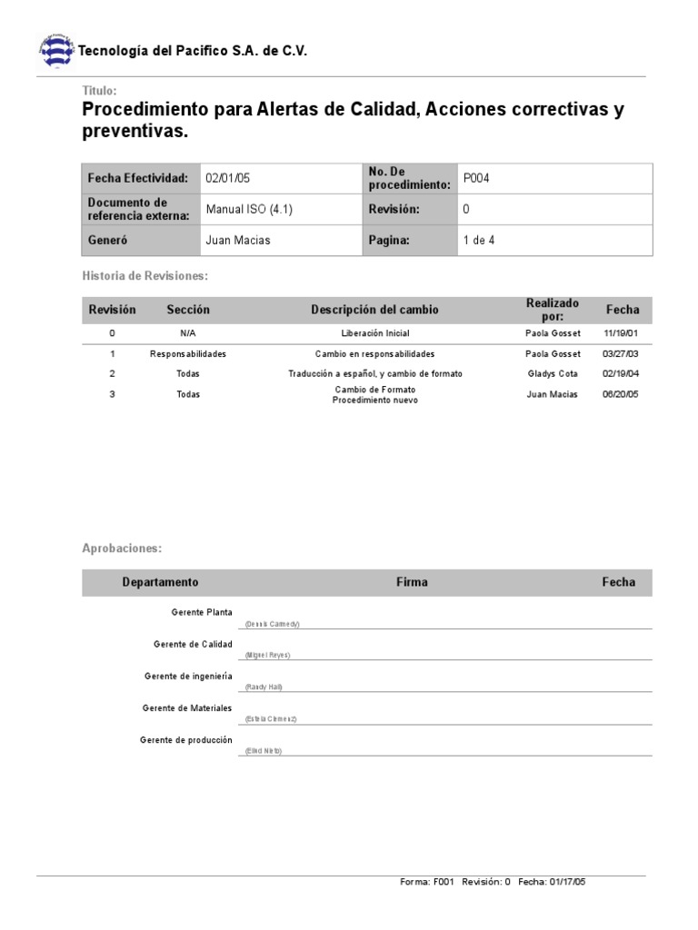 Procedimiento Para Alertas de Calidad, Acciones Correctivas y ...