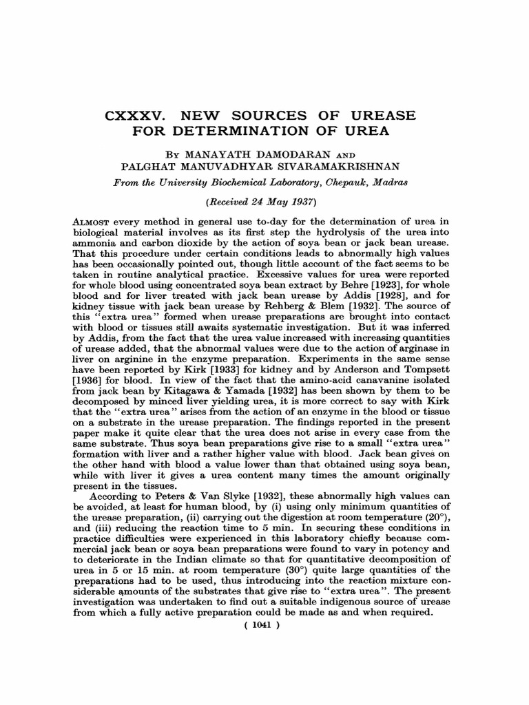 Cxxxv. Sources Urease: NEW OF For Determination of Urea | PDF | Urea ...