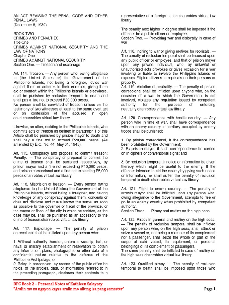 Crimes Against National Security in RPC | PDF | Forgery | Treason