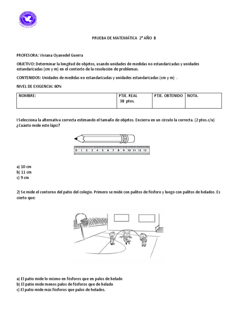 Prueba de Matemática 2° Básico (Unidades Estandarizadas y No ...