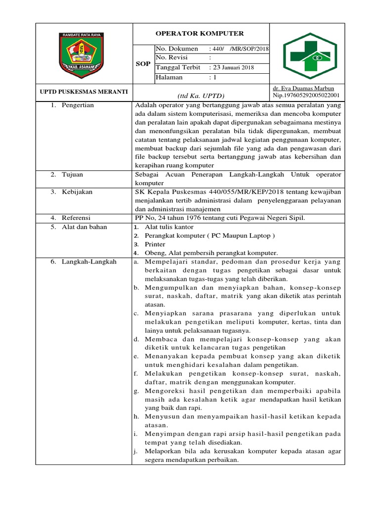 Sop Operator Komputer | PDF