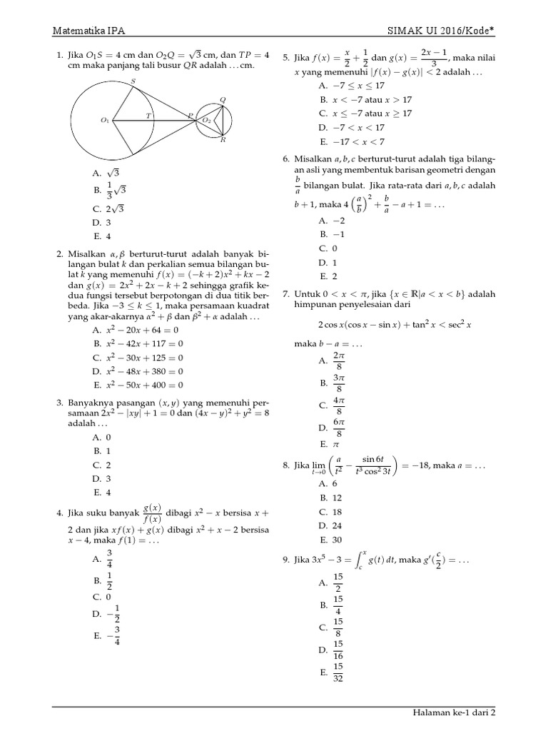 [DOKUMEN]: Matematika IPA SIMAK UI 2016/Kode* Soal-soal Matematika IPA SIMAK UI Tahun 2016 | PDF