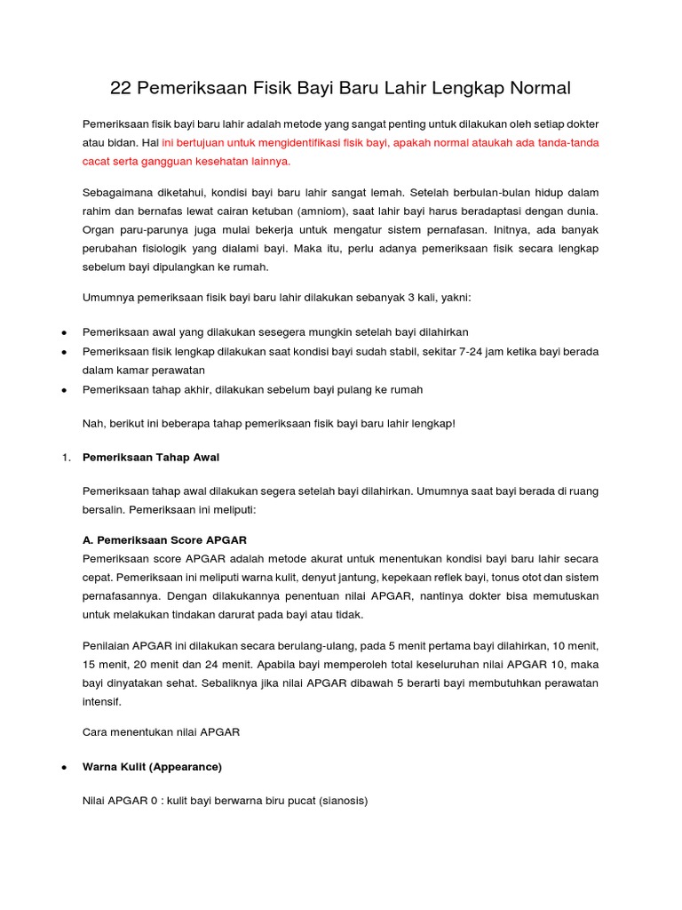 22 Pemeriksaan Fisik Bayi Baru Lahir Lengkap Normal | PDF