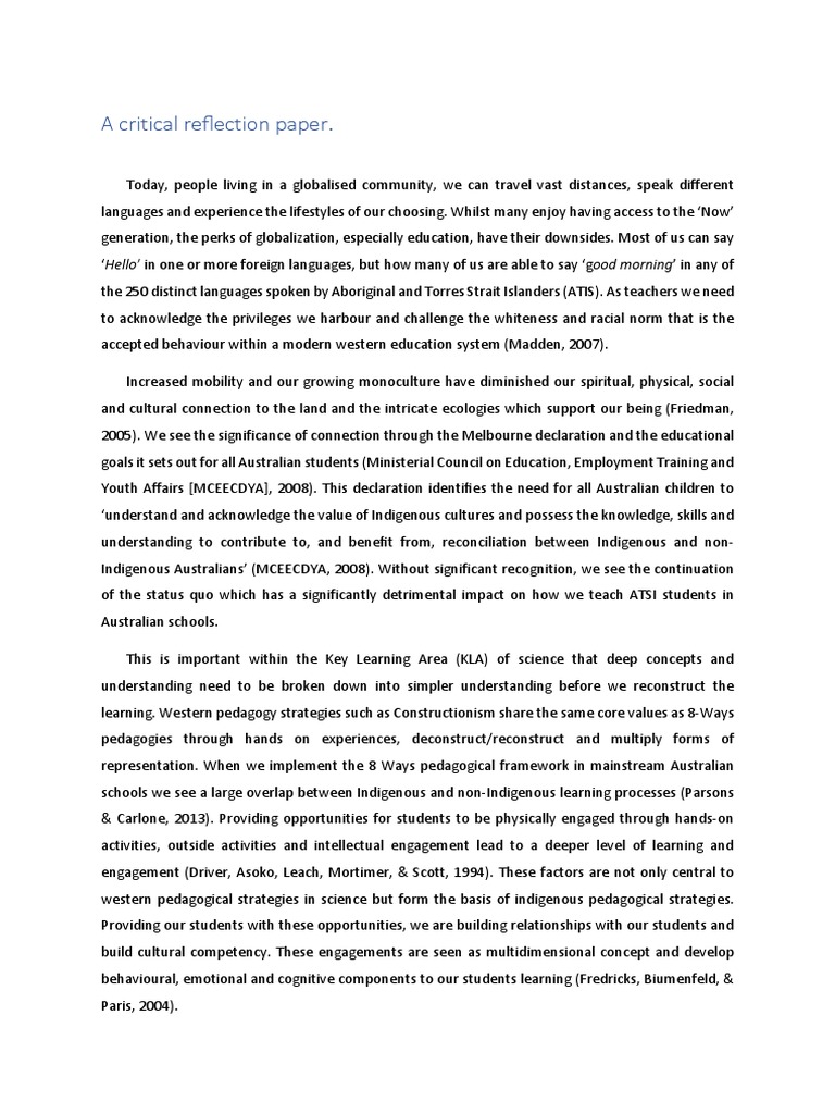 Aboriginal - Critical Reflection | PDF | Indigenous Australians | Pedagogy