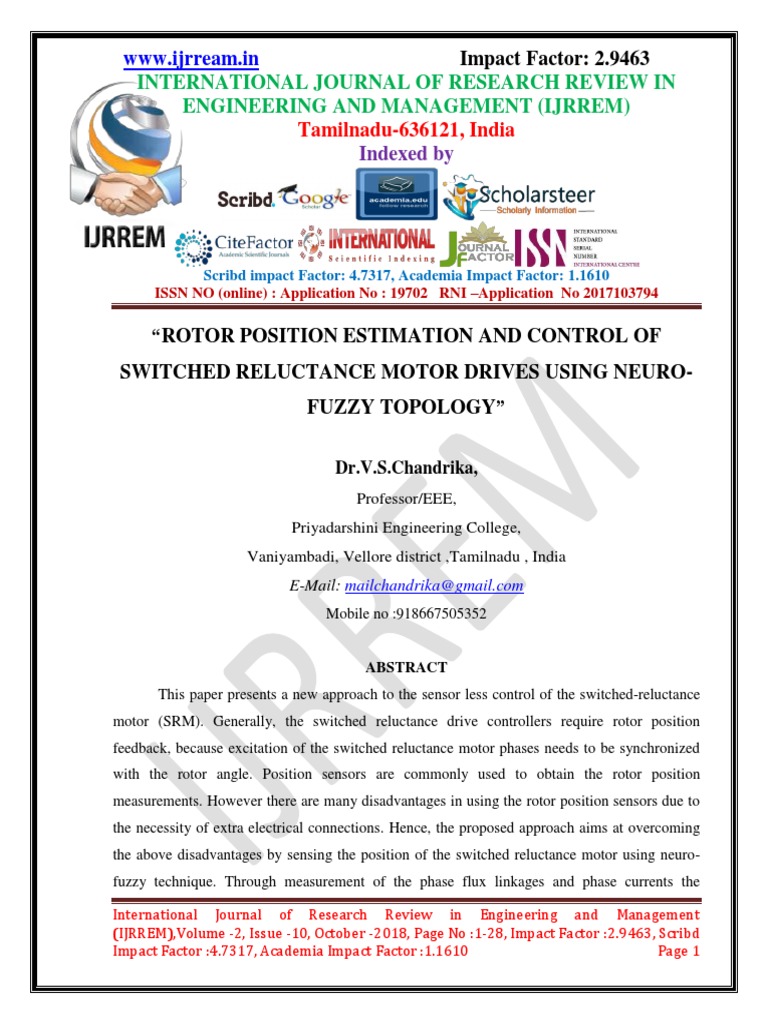 Rotor Position Estimation And Control Of Switched Reluctance Motor Drives Using Neuro Fuzzy