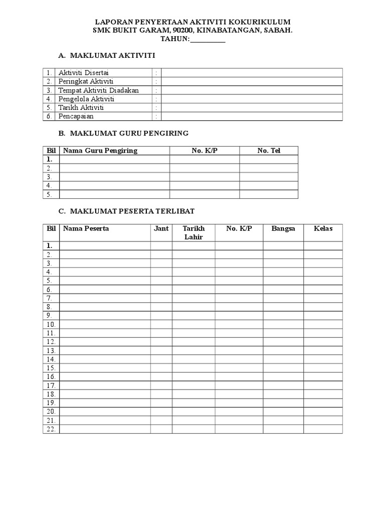 Borang Laporan Penyertaan Aktiviti Kokurikulum SMK Bukit Garam | PDF