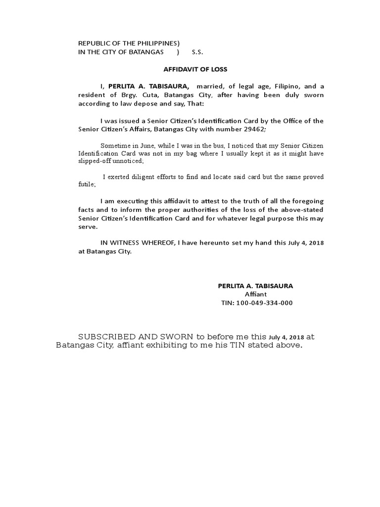 Affidavit of Loss - Osca Id | PDF