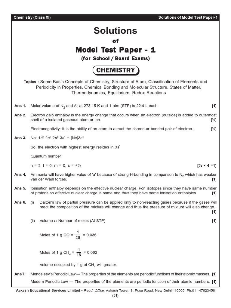 Aakash Model Test Papers Solutions XI Chemistry | PDF | Molecules ...