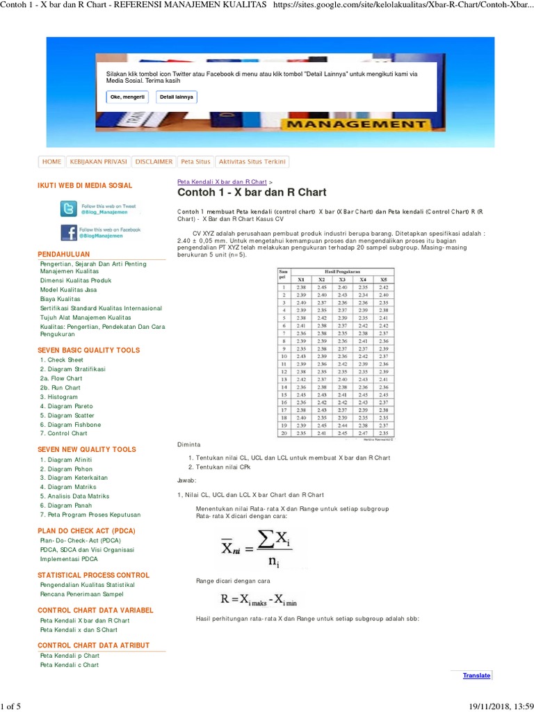 Contoh 1 - X Bar Dan R Chart - Referensi Manajemen Kualitas | PDF