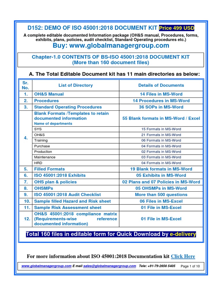 ISO 45001:2018 Document Kit Overview | PDF | Audit | Risk