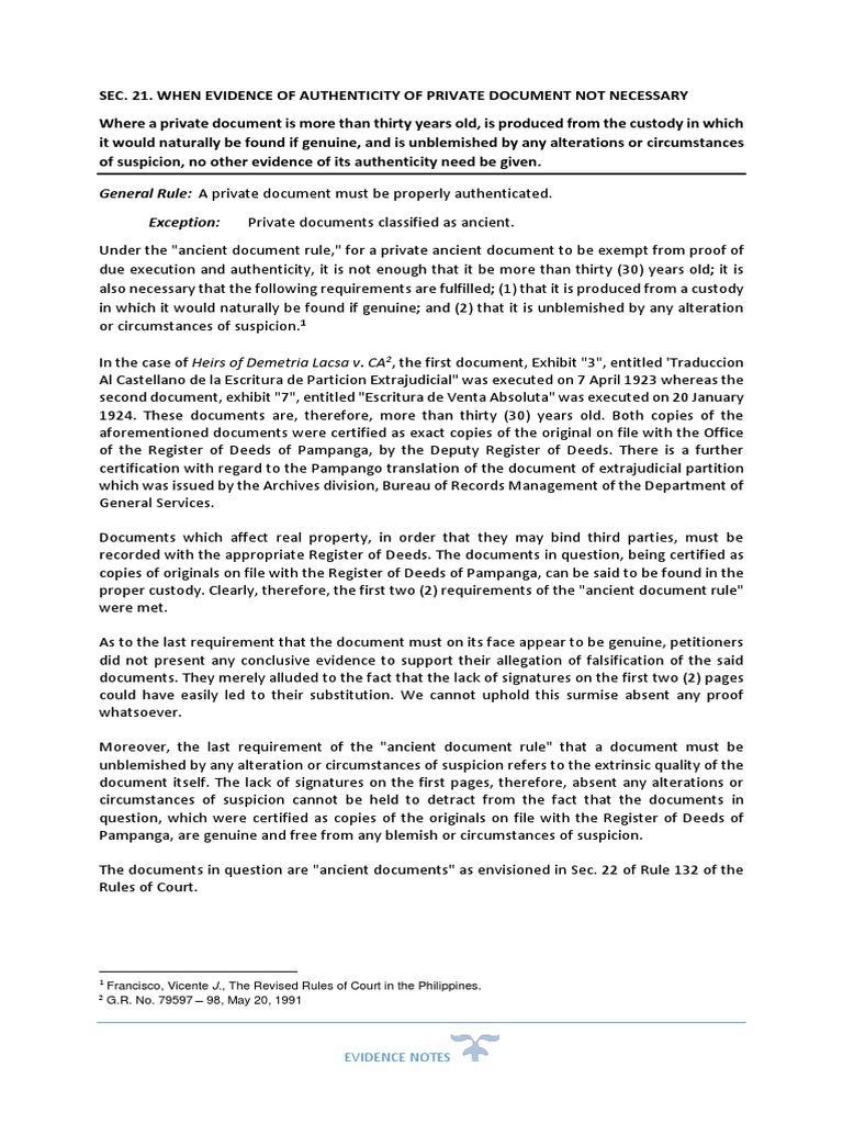 General Rule: A Private Document Must Be Properly Authenticated ...
