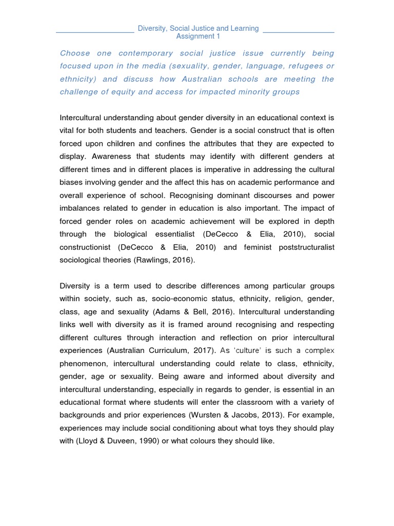 Diversity, Social Justice and Learning Assignment 1 | PDF | Gender ...