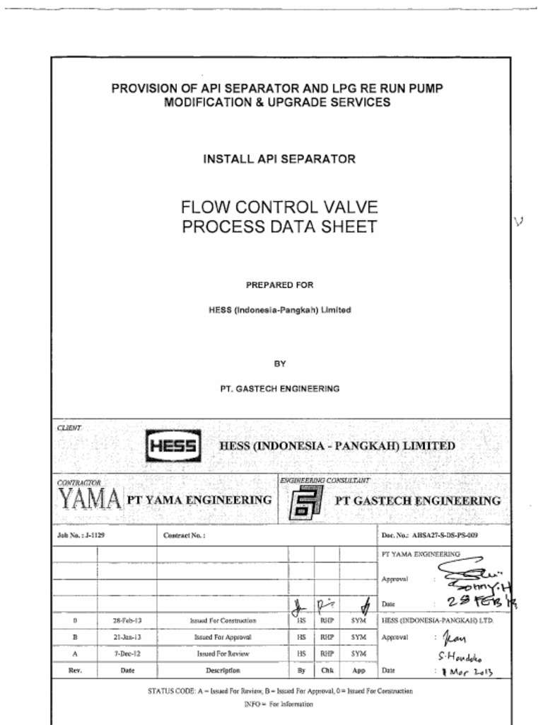 AHSA27-S-DS-PS-009 0 Flow Control Valve Process Data Sheet Revision | PDF