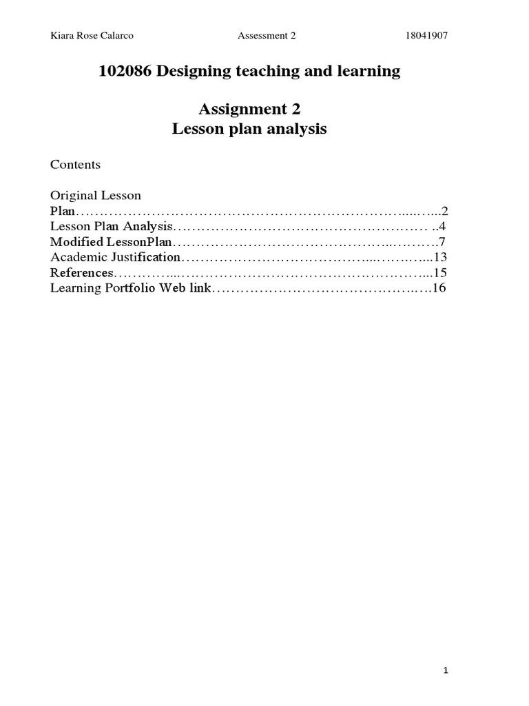 Designing Teaching and Learning Assignment 2 Lesson Plan Analysis | PDF ...
