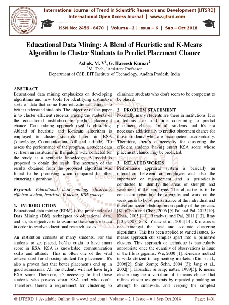 Educational Data Mining A Blend of Heuristic and K-Means Algorithm To Cluster Students To ...