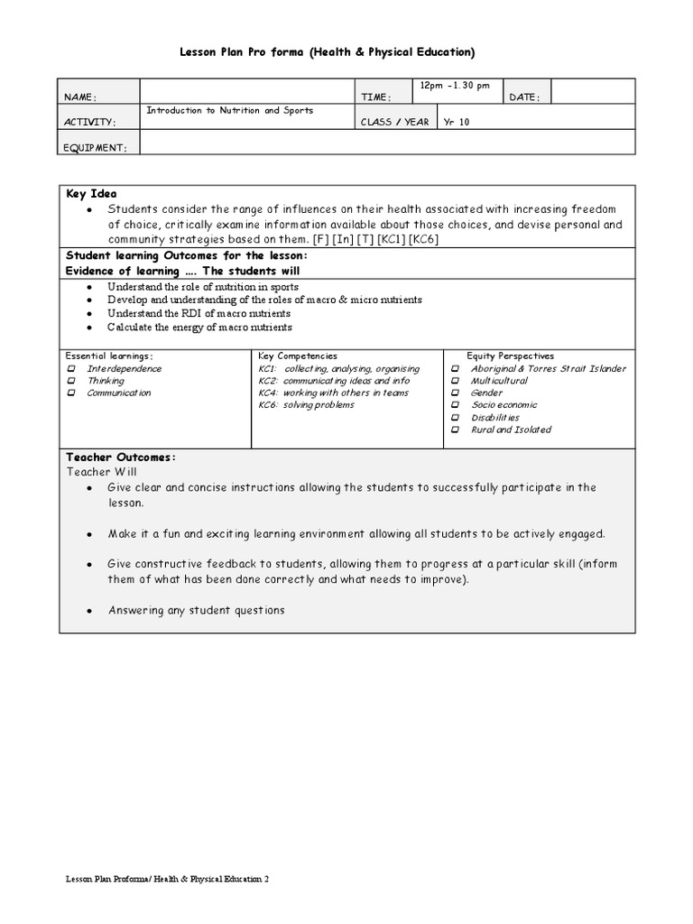 Lesson Plan Pro Forma (Health & Physical Education) | PDF | Nutrients ...