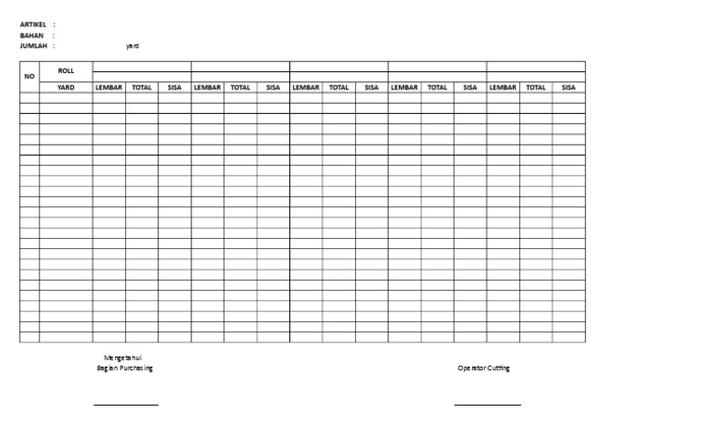Artikel: Bahan: Jumlah: Roll Yard Lembar Total Sisa Lembar Total Sisa ...
