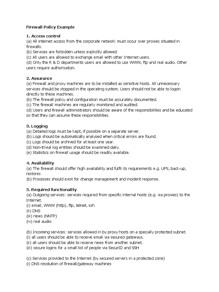 Firewall Policy Example 1. Access Control | PDF