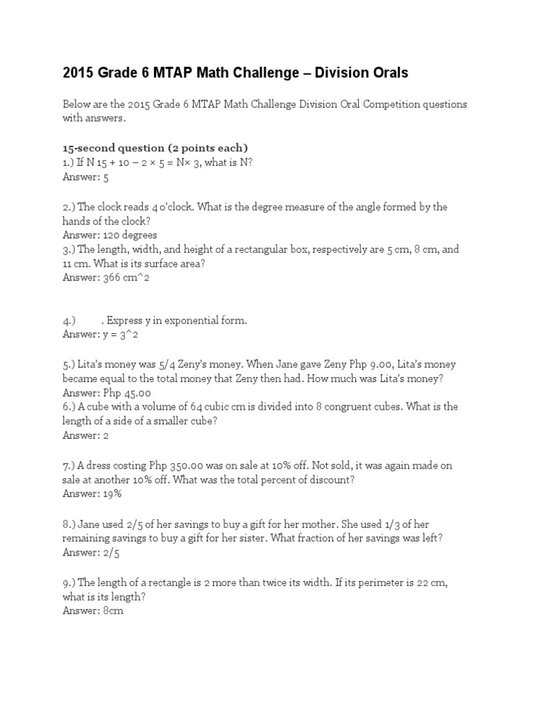 2015 Grade 6 MTAP Math Challenge – Division Orals.docx | Area | Rectangle
