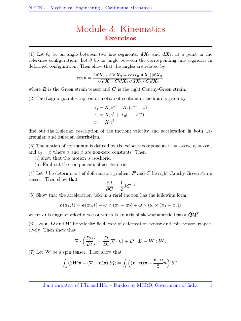 Module-3: Kinematics: Exercises | PDF | Deformation (Mechanics) | Continuum Mechanics