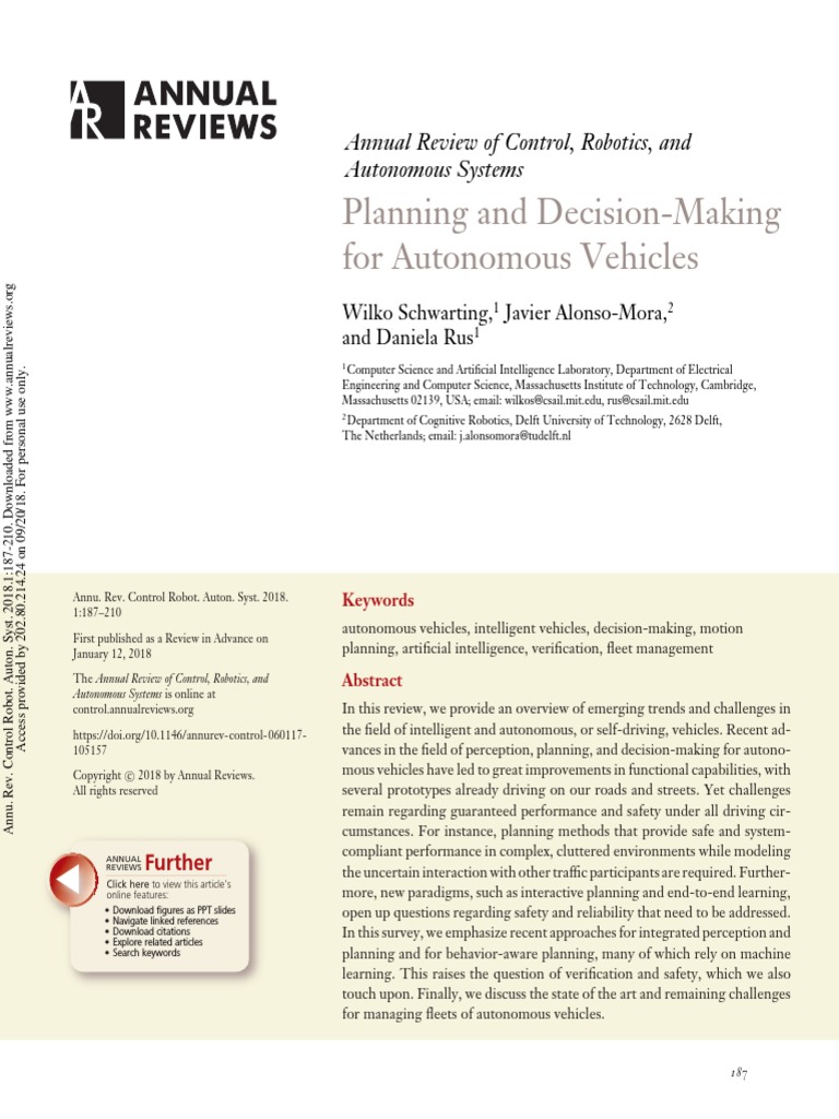 Planning and Decision-Making For Autonomous Vehicles: Annual Review of ...
