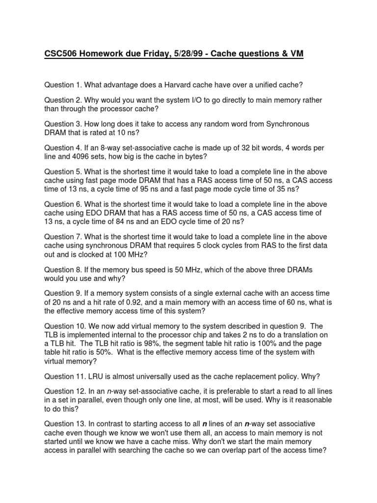CSC506 Homework Due Friday, 5/28/99 - Cache Questions & VM | PDF | Cpu Cache | Dynamic Random ...