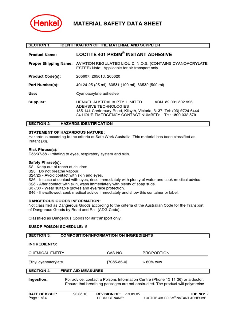 Material Safety Data Sheet: Loctite 401 Prism Instant Adhesive | PDF | Dangerous Goods | Toxicity