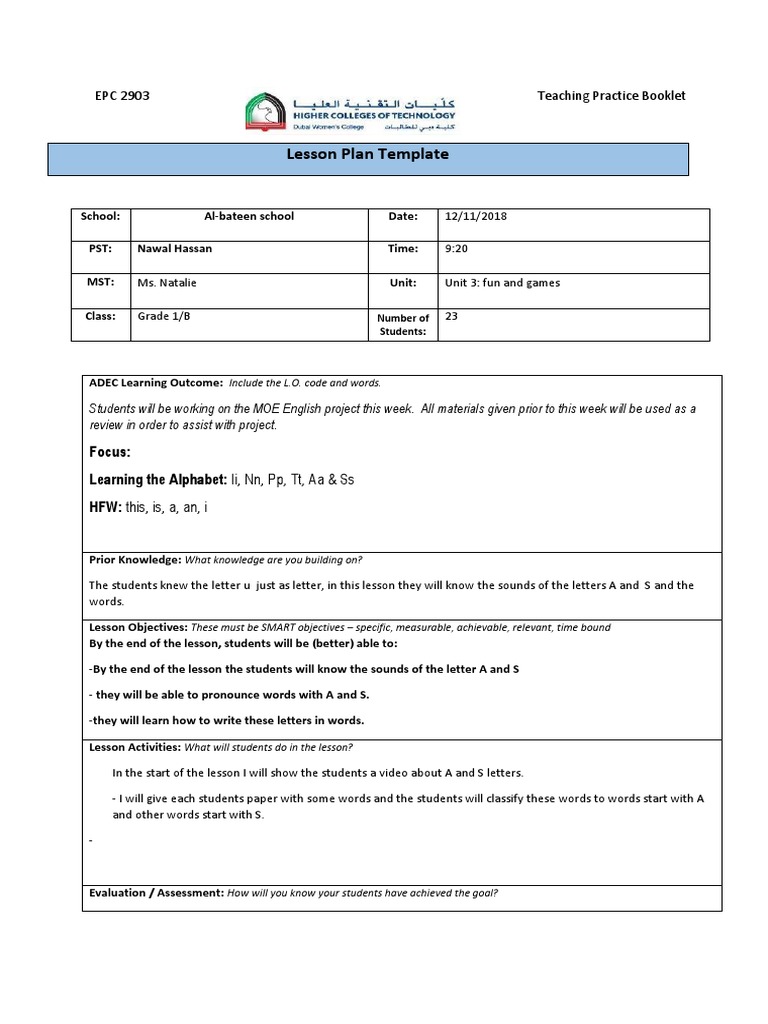 Lesson Plan Template: EPC 2903 Teaching Practice Booklet | PDF