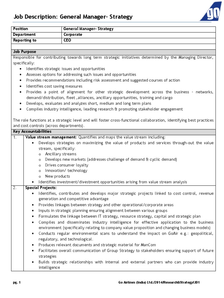 Job Description: General Manager-Strategy | PDF | Strategic Management ...