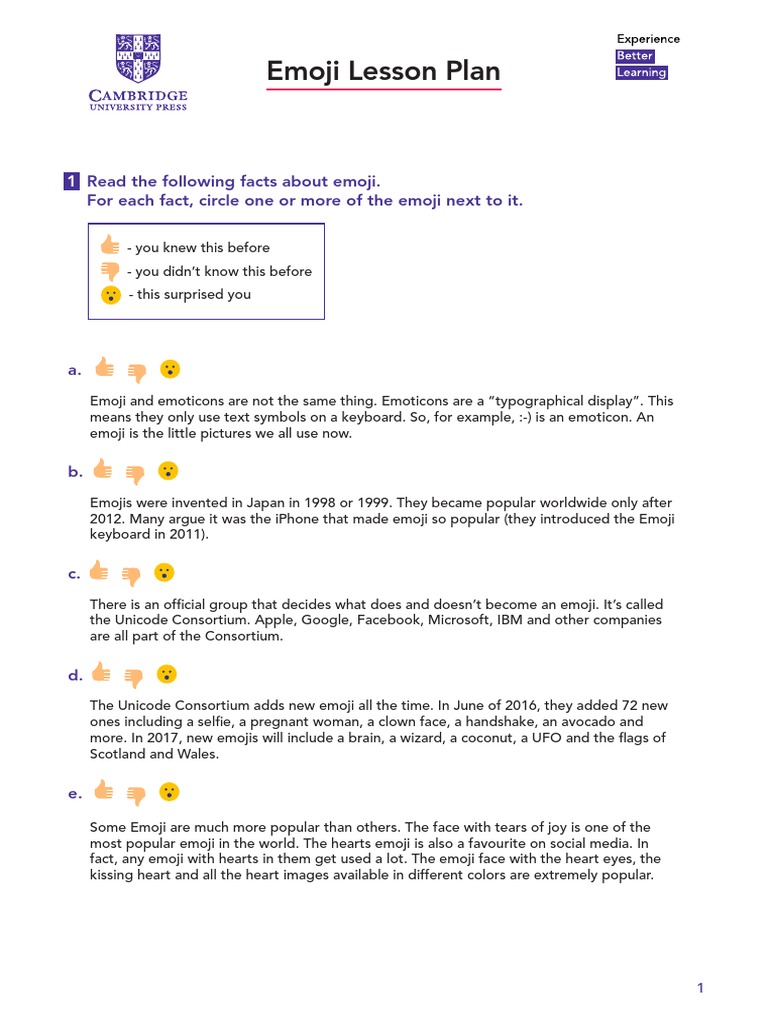 Emoji Lesson Plan: Read The Following Facts About Emoji. For Each Fact ...