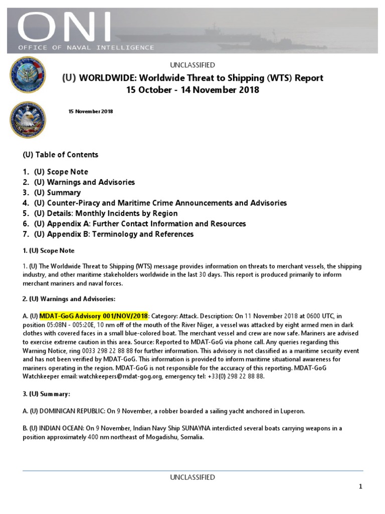 U.S. Navy Office of Naval Intelligence Worldwide Threat To Shipping ...
