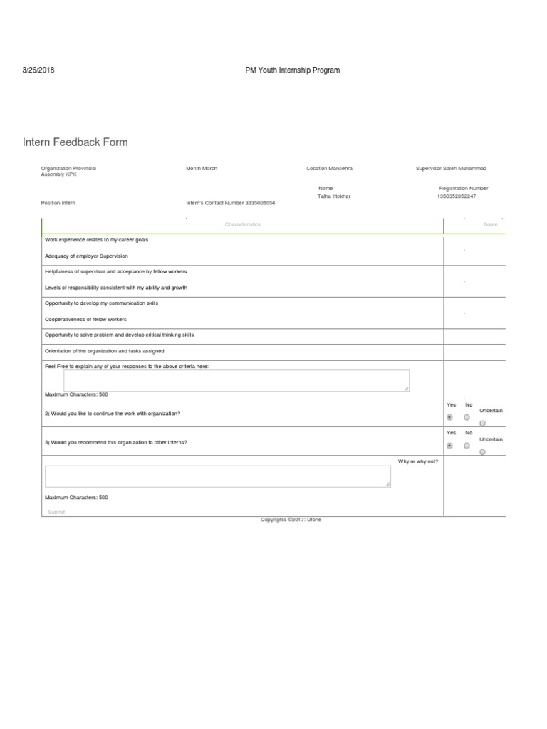 Intern Feedback Form: 3/26/2018 PM Youth Internship Program | PDF ...