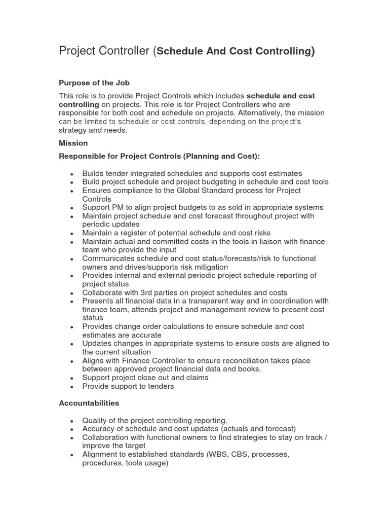 Project Controller (: Schedule and Cost Controlling | PDF | Project ...