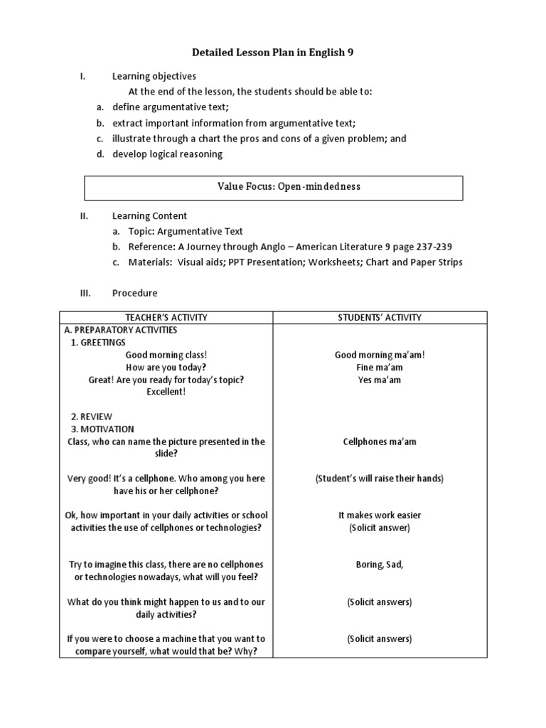 Detailed Lesson Plan: Argumentative Texts | PDF | Telephone | Lesson Plan