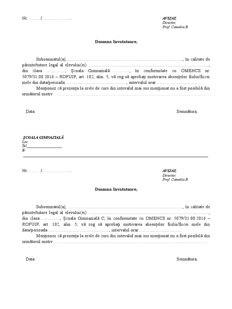 Cerere Motivare Absente Parinti | PDF