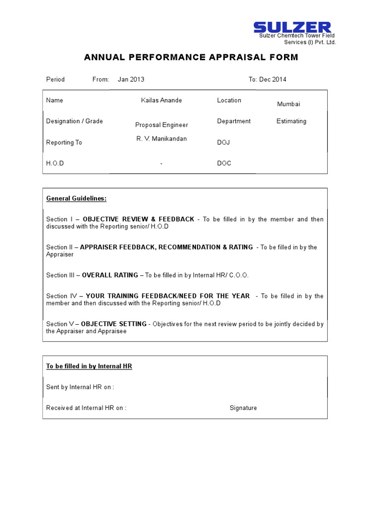 Annual Performance Appraisal Form: Sulzer Chemtech Tower Field Services ...