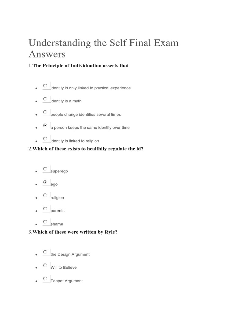 Understanding The Self Final Exam Answers | PDF | Mind | Id