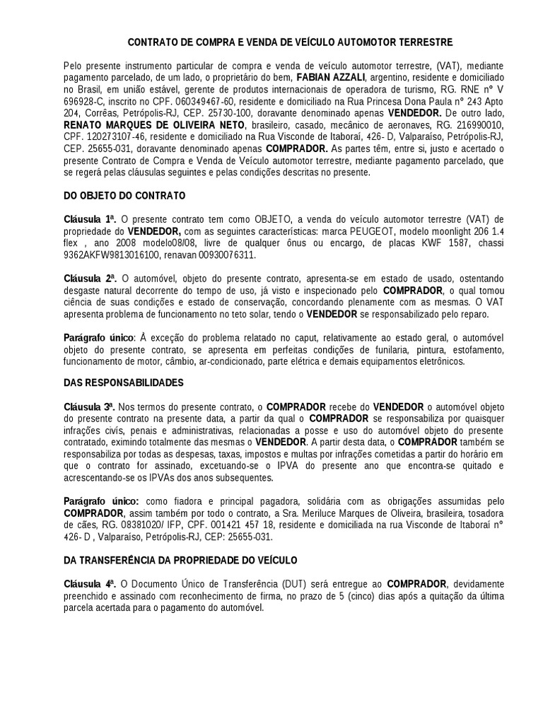 MODELO de Contrato de Compra e Venda de Veículo | Business